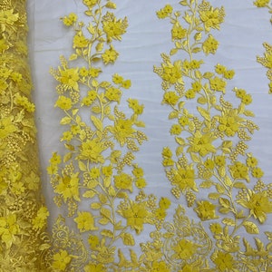 Yellow Princess 3d Floral Design Embroidery With Pearls on a Mesh Lace ...