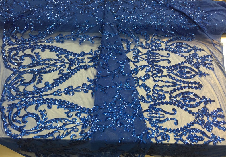 Royal Blue Damask Design Embroider With Sequins on a 2 Way Stretch Mesh ...