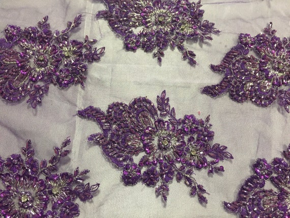 Purple Flowers Embroider and Heavy Beaded on a Mesh Lace Fabric sold by the Yard Etsy Canada