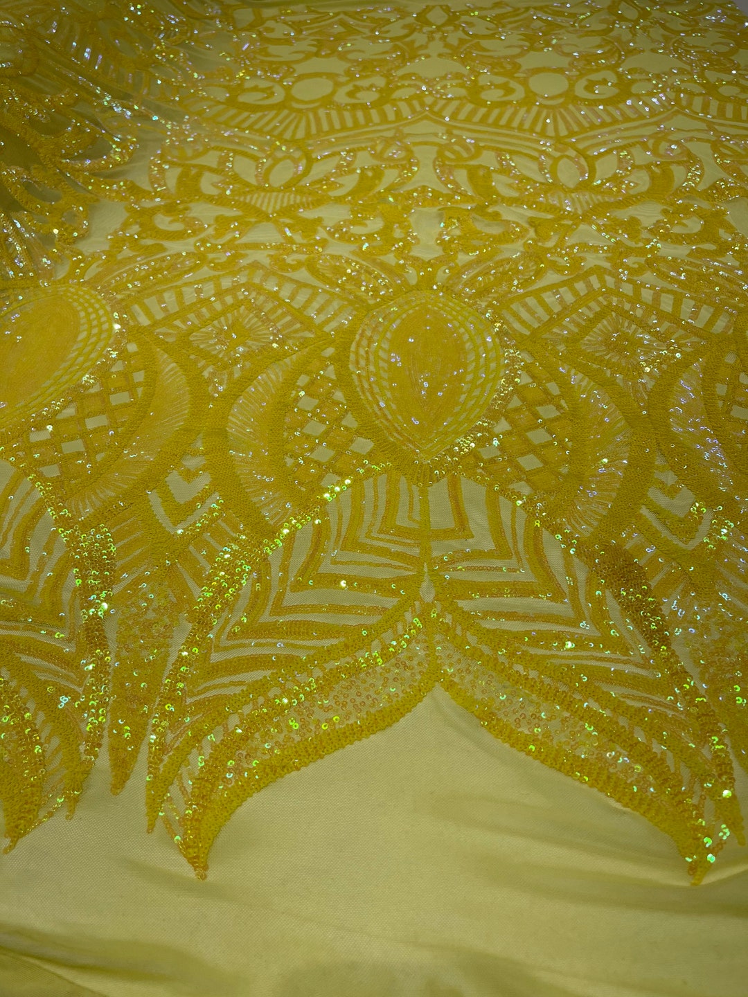 Bright Yellow Iridescent Royalty Sequin Design on 4 Way Stretch Mesh ...