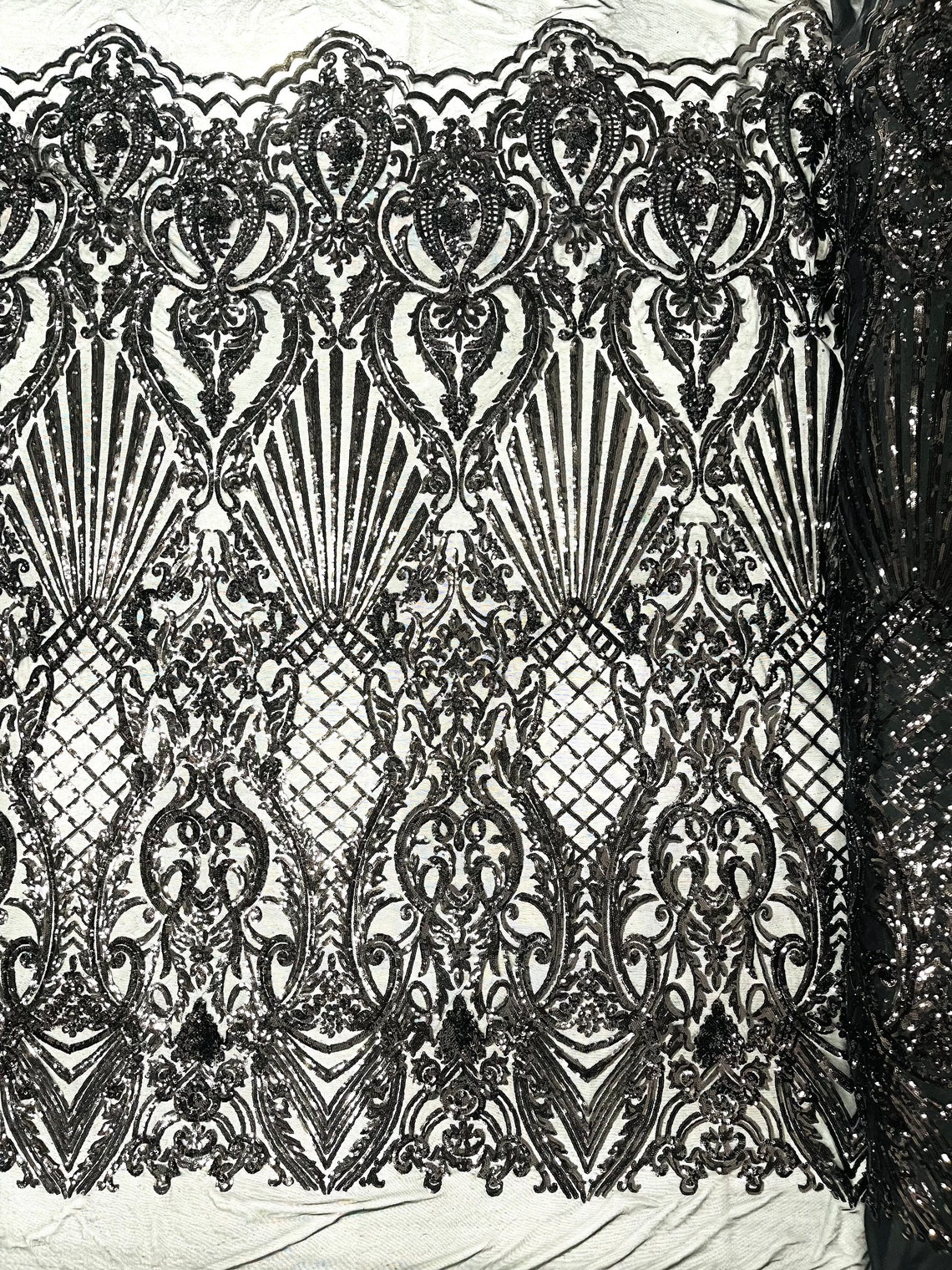 Black Shiny Sequin Shell Damask Design on a 4 Way Stretch Mesh - Etsy