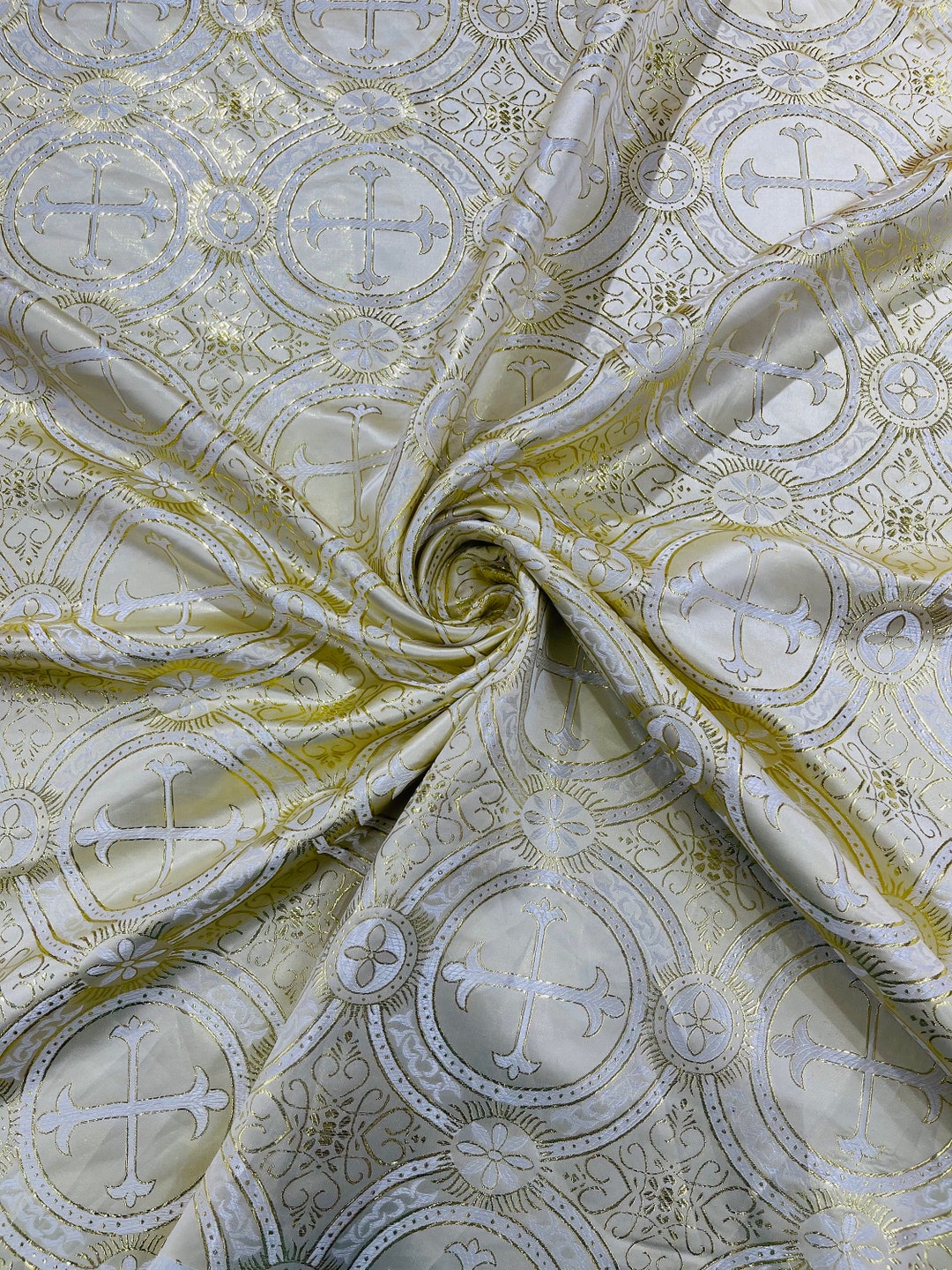 Beige/gold Metallic Cross Brocade Jacquard Satin/religious Brocade/58 ...