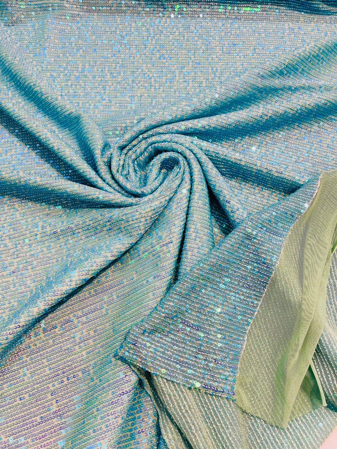Turquoise Iridescent Chain Shiny Sequins Design on a 4 Way Stretch Mesh ...