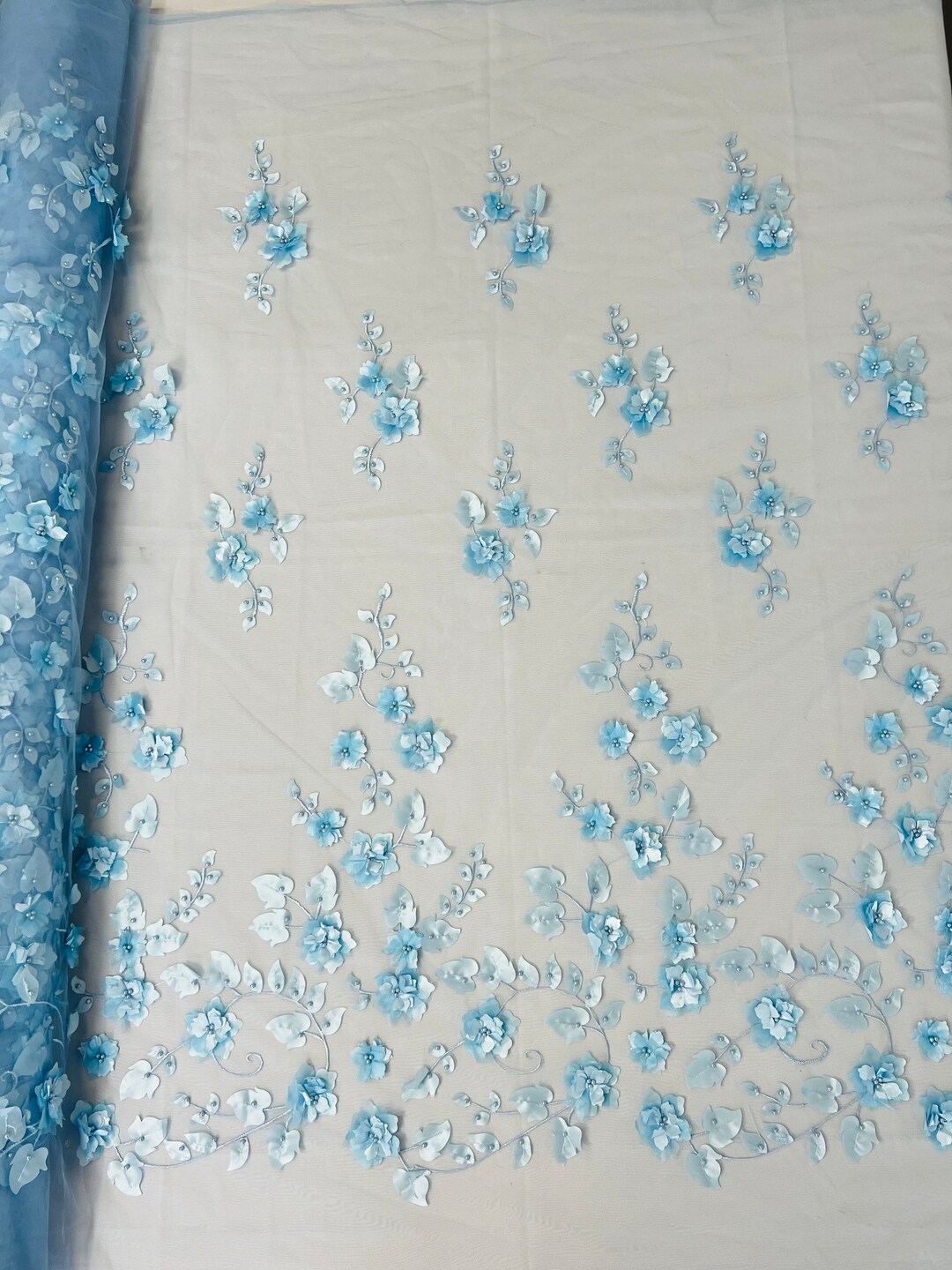 Light Blue Ruby 3d Floral Design Embroider With Pearls in a Mesh Lace ...