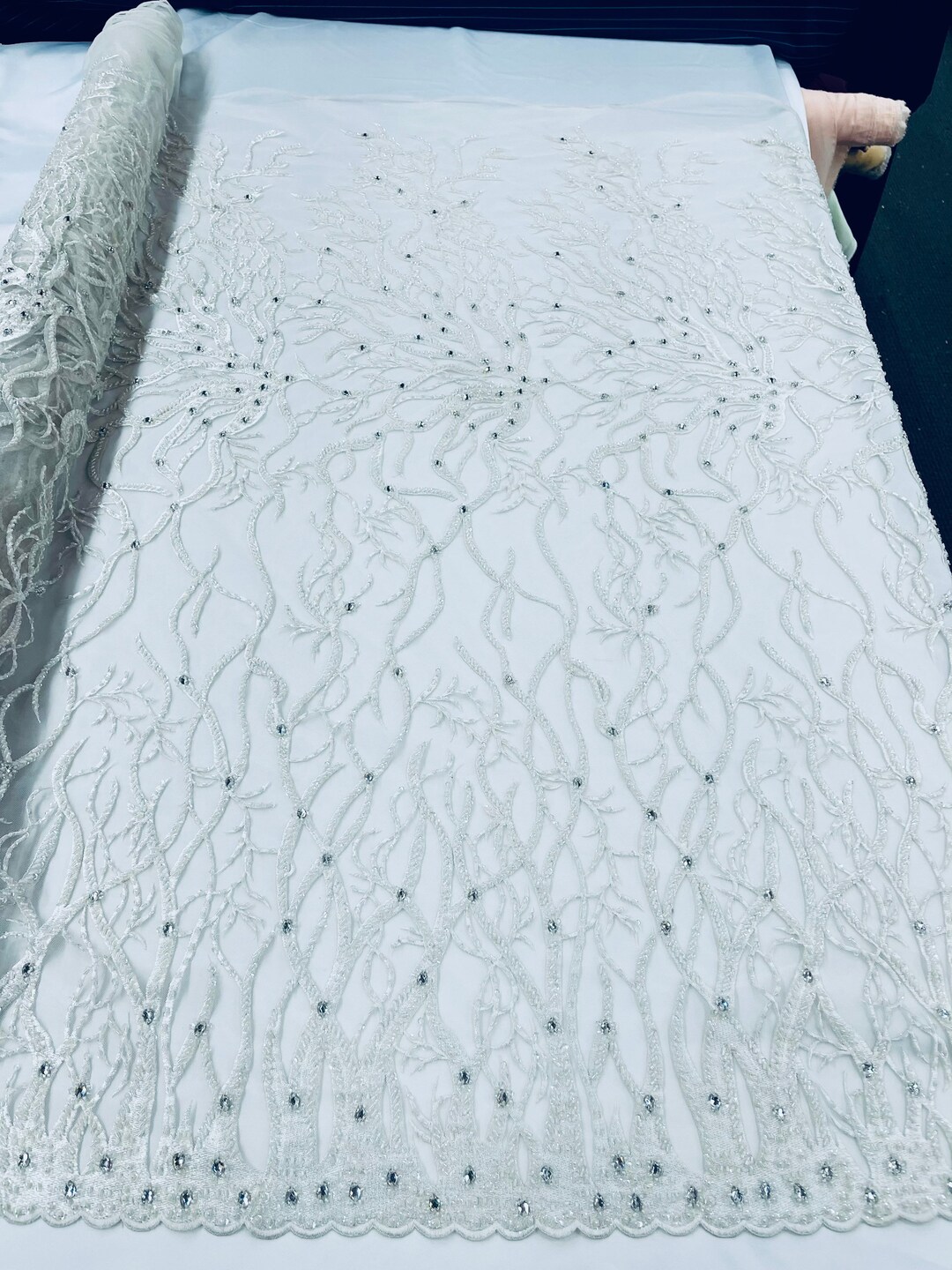 White Vine Design Embroider and Heavy Beading on a Mesh Lace-sold by ...