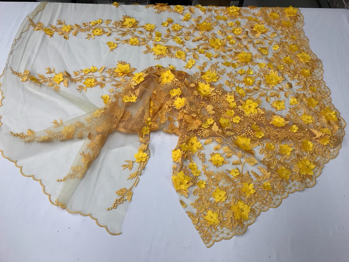 Yellow Princess 3d Floral Design Embroidery With Pearls on a | Etsy