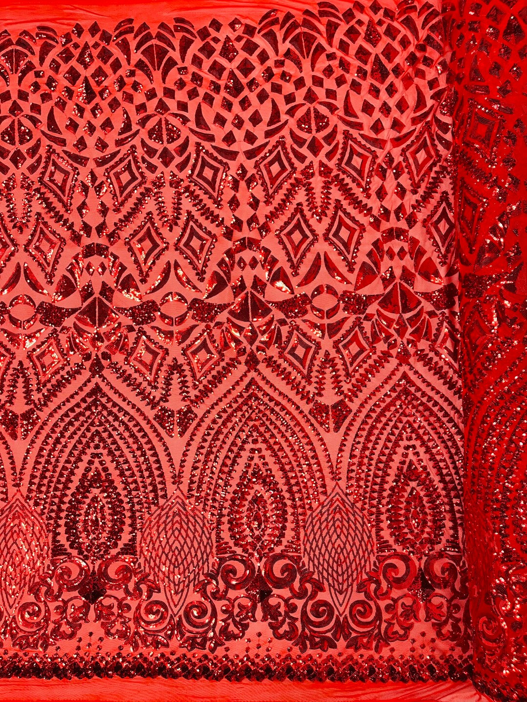Red Shiny Diamond Design With Sequins on a 4 Way Stretch Mesh-prom ...