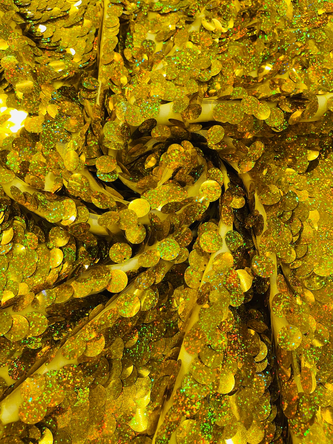 Dark Gold Holographic Round Sequin Paillette on A Gold Mesh Fabric/ 54 ...