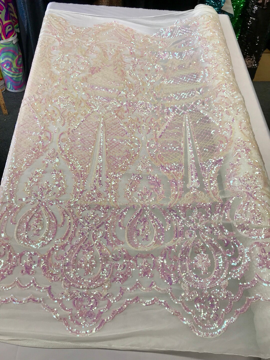 Pink Princess Design Iridescent Sequins Embroidery on a 4 Way Stretch ...