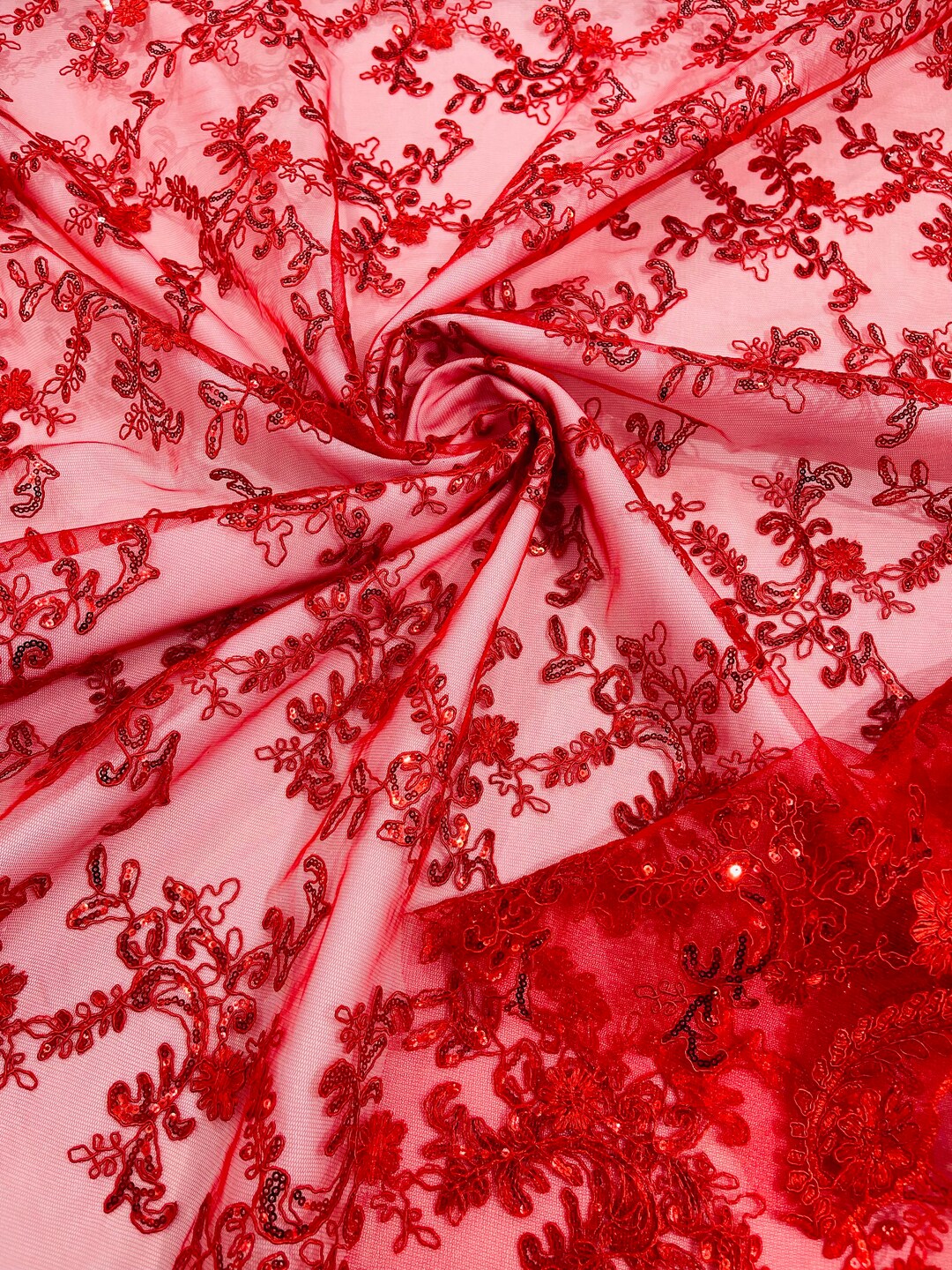 Red Flower Lace Corded and Embroider With Sequins on a Mesh-sold by the ...