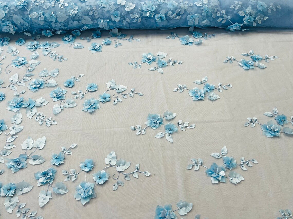 Light Blue Ruby 3d Floral Design Embroider With Pearls in a - Etsy