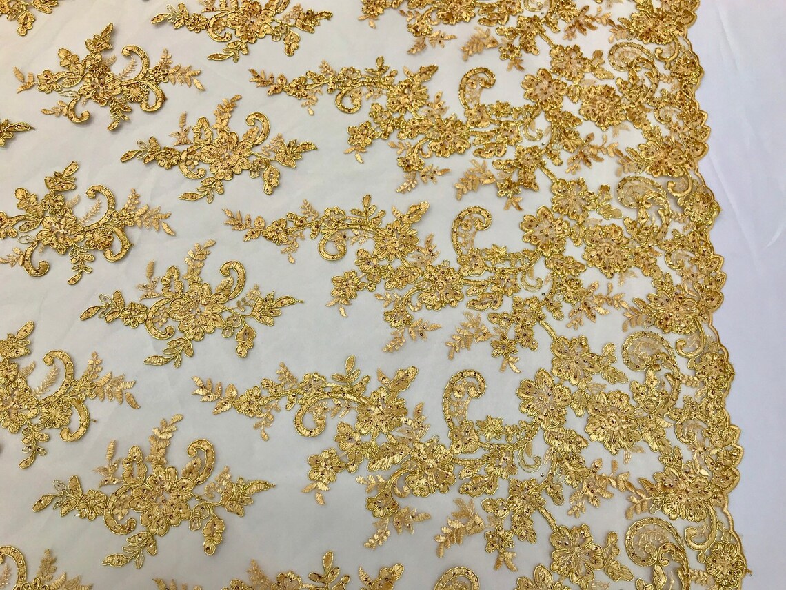 Metallic gold floral design embroidery on a mesh lace with | Etsy