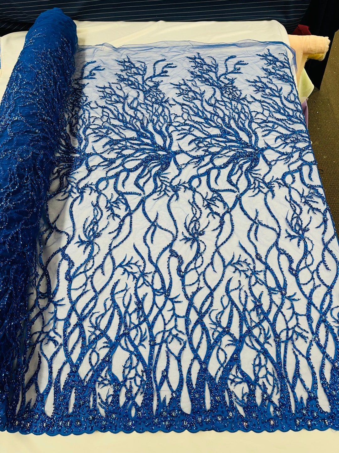 Royal Blue Vine Design Embroider and Heavy Beading on a Mesh Lace-sold ...