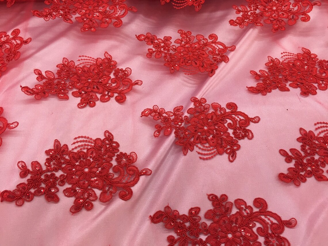 Red Flower Lace Corded and Embroider With Sequins on a Mesh. Wedding ...