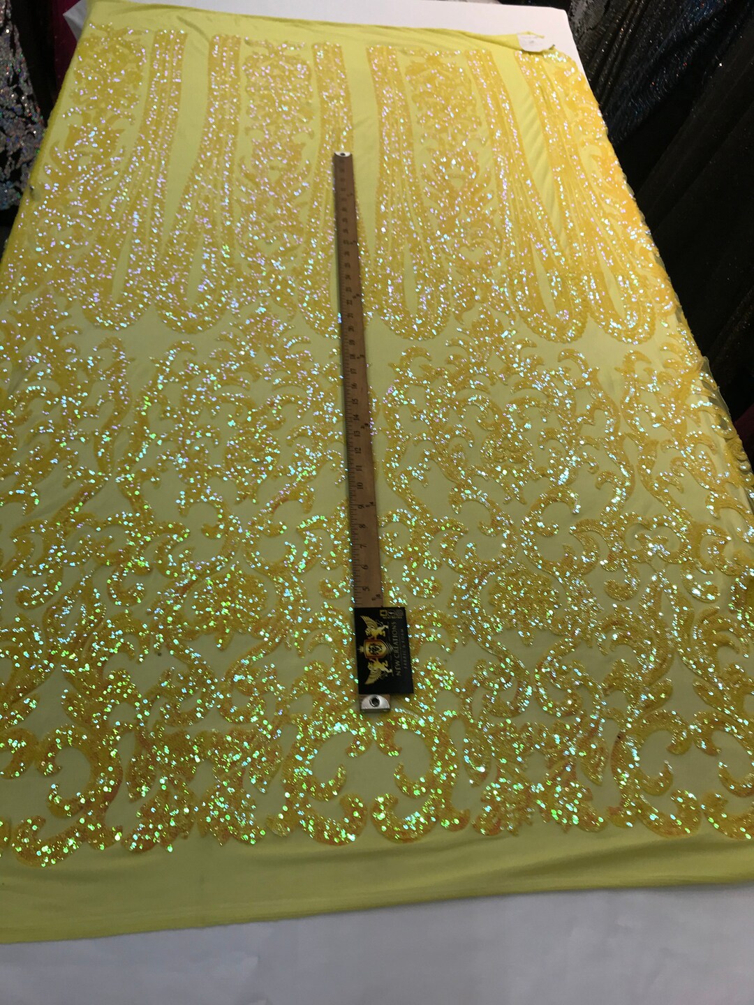 Yellow Iridescent Sequin Classic Design on a 4 Way Stretch Mesh Fabric ...