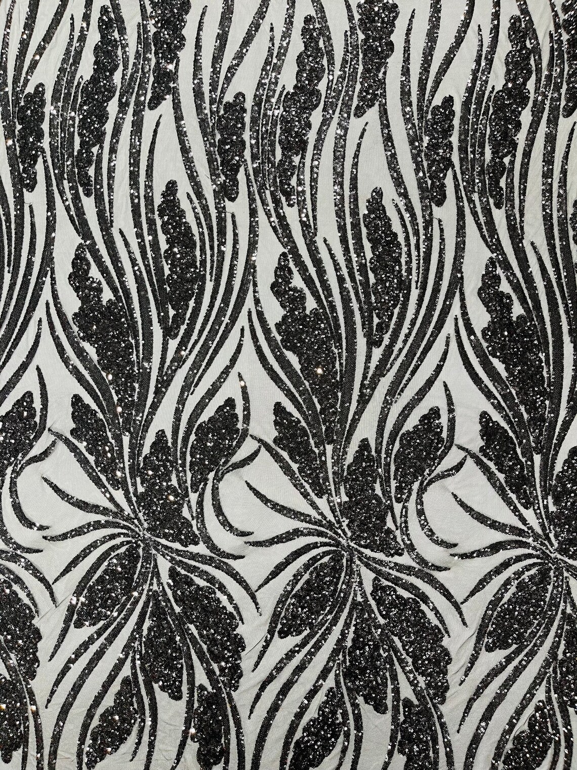 Black Feather Damask Shiny Sequin Design on a 4 Way Stretch Mesh Fabric ...