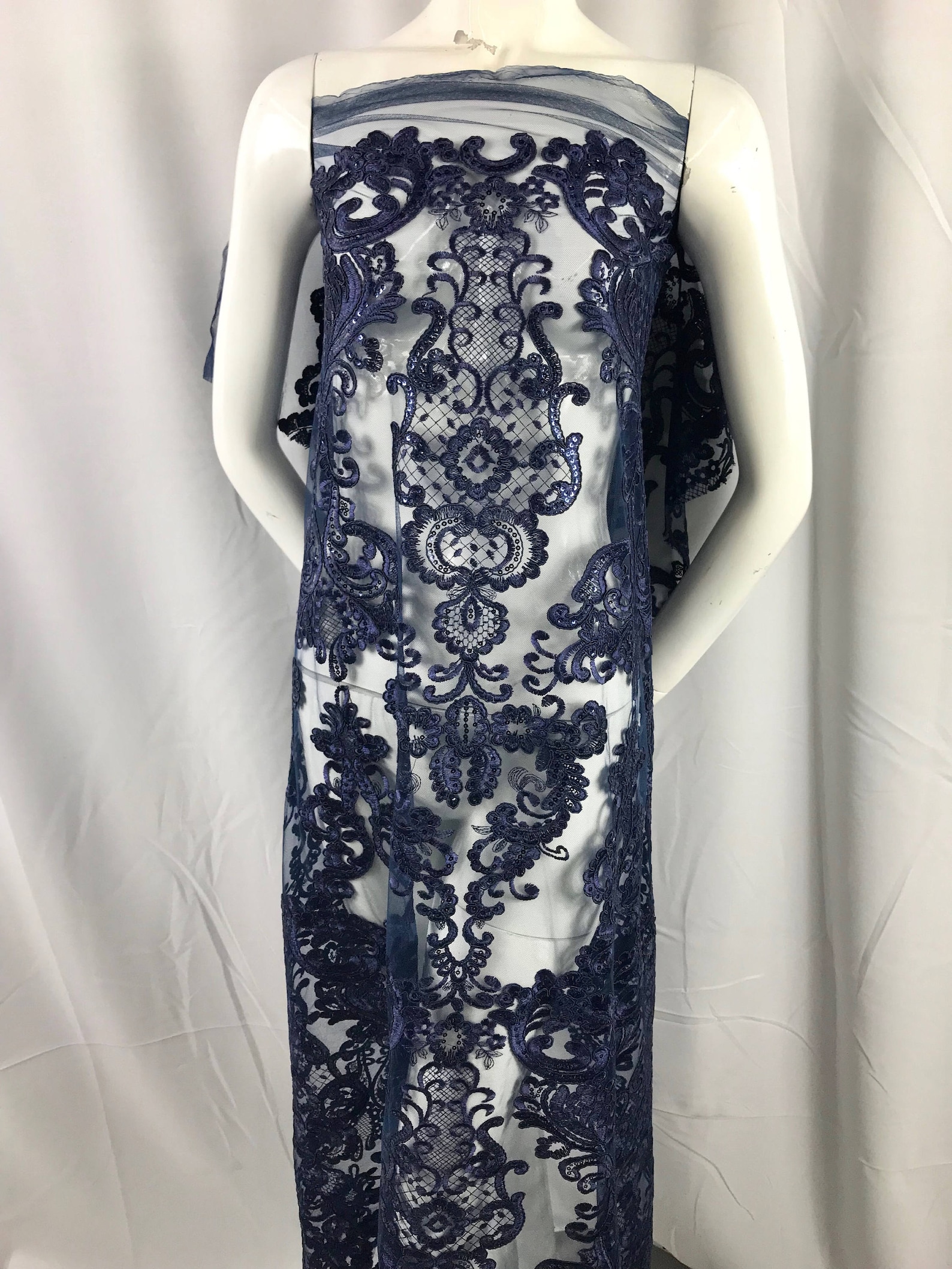 Navy Blue Damask Pattern Embroidery With Shiny Sequins and Corded on a ...