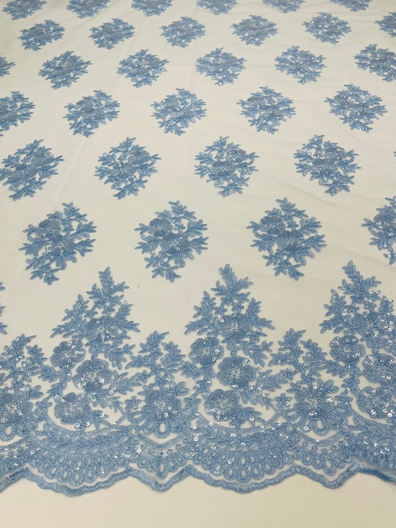 Light Blue Floral Corded Embroider With Sequins on a Mesh Lace | Etsy