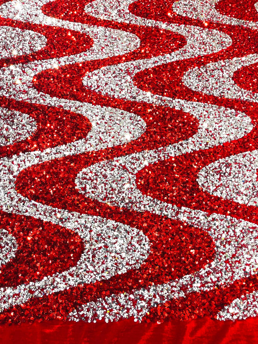 Silver/red Sequin Wave Design on Red Stretch Velvet All Over 5mm ...