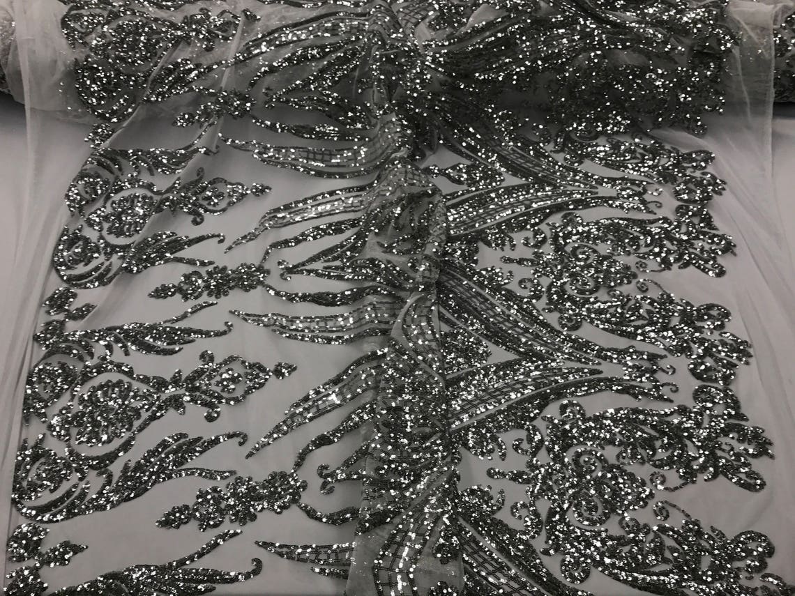 Silver Empire Design Embroider With Sequins on a 2 Way Stretch White ...