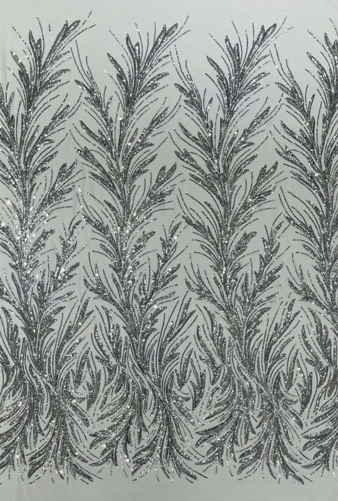 Silver on White Feather Wing Shiny Sequin Design on a 4 Way Stretch ...