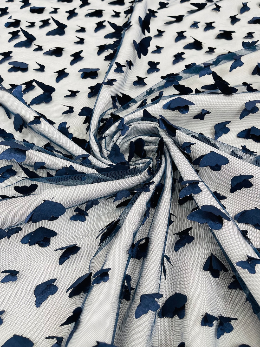 Navy Blue 3D Butterfly Metallic Design Embroider on a Mesh Fabric ...