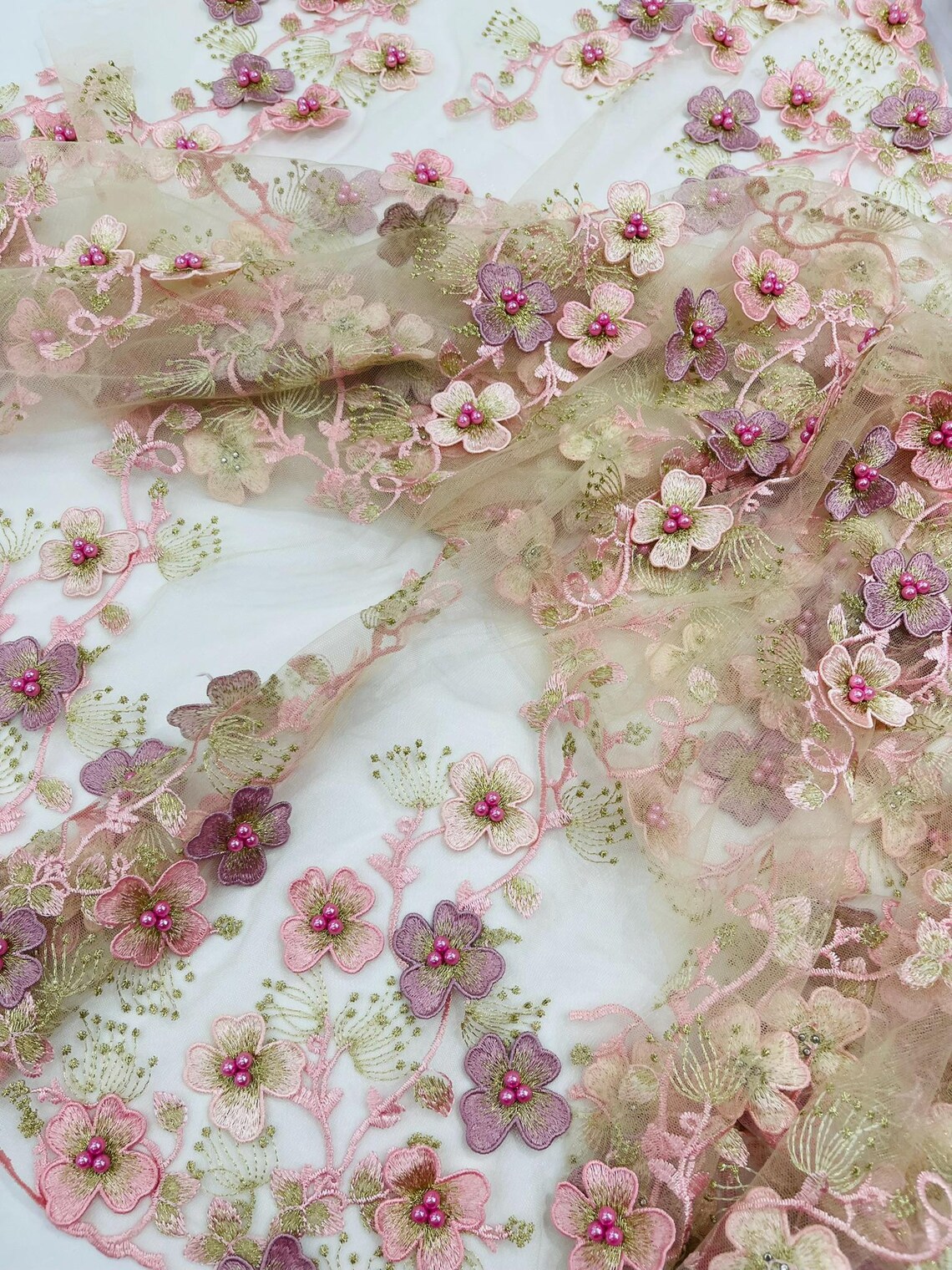 Dusty Pink Multi Color 3d Floral Design Embroider With Pearls in a Mesh ...