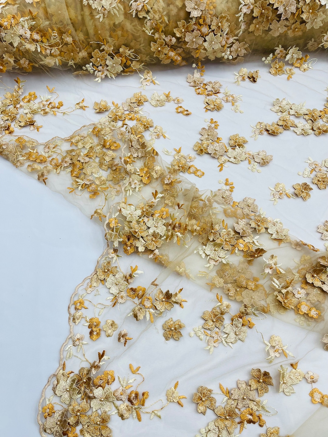 Gold Multi Color 3d Floral Daisy Design Embroider With Pearls in a Mesh ...