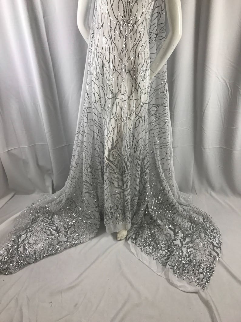 Dazzling White Silver Fashion Tree Embroider With Sequins on a Mesh ...