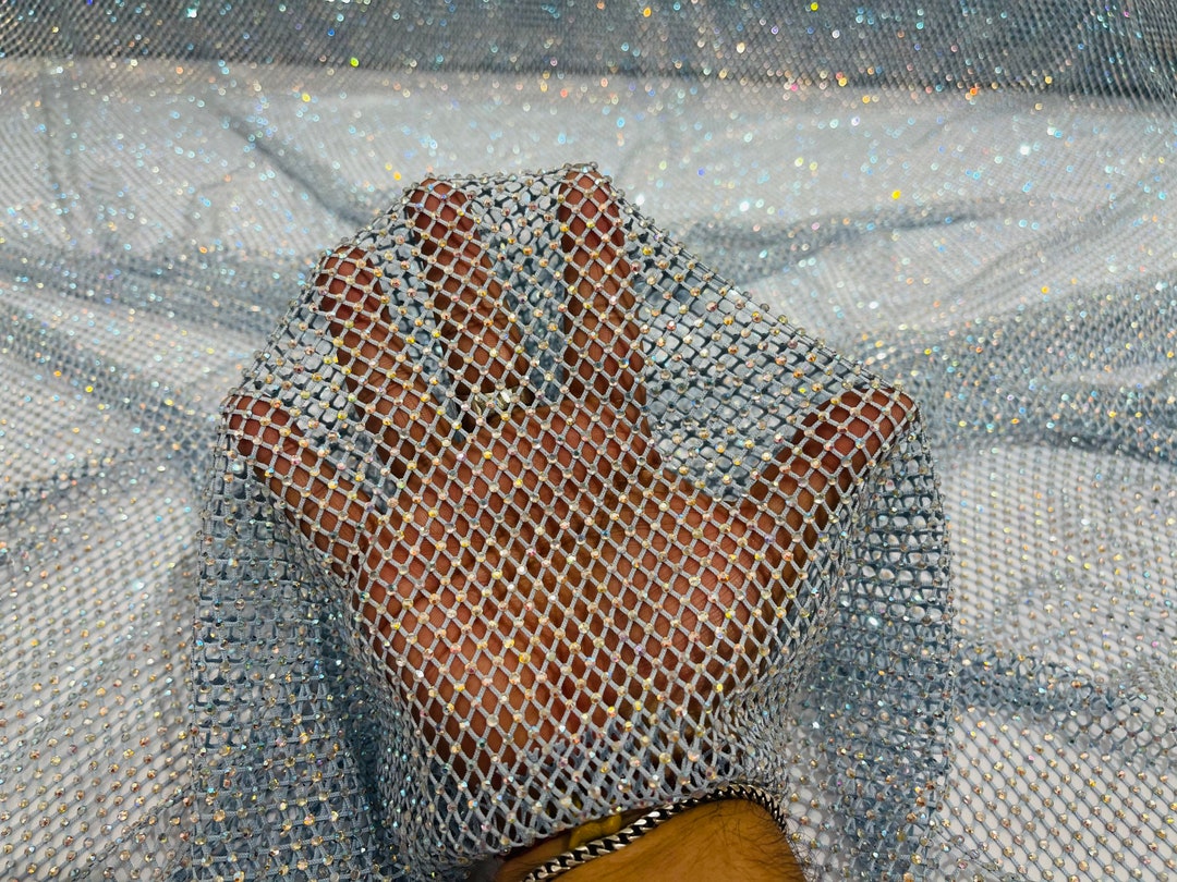 Light Blue AB Iridescent Rhinestones on Soft Stretch Fish Net Fabric 45 ...