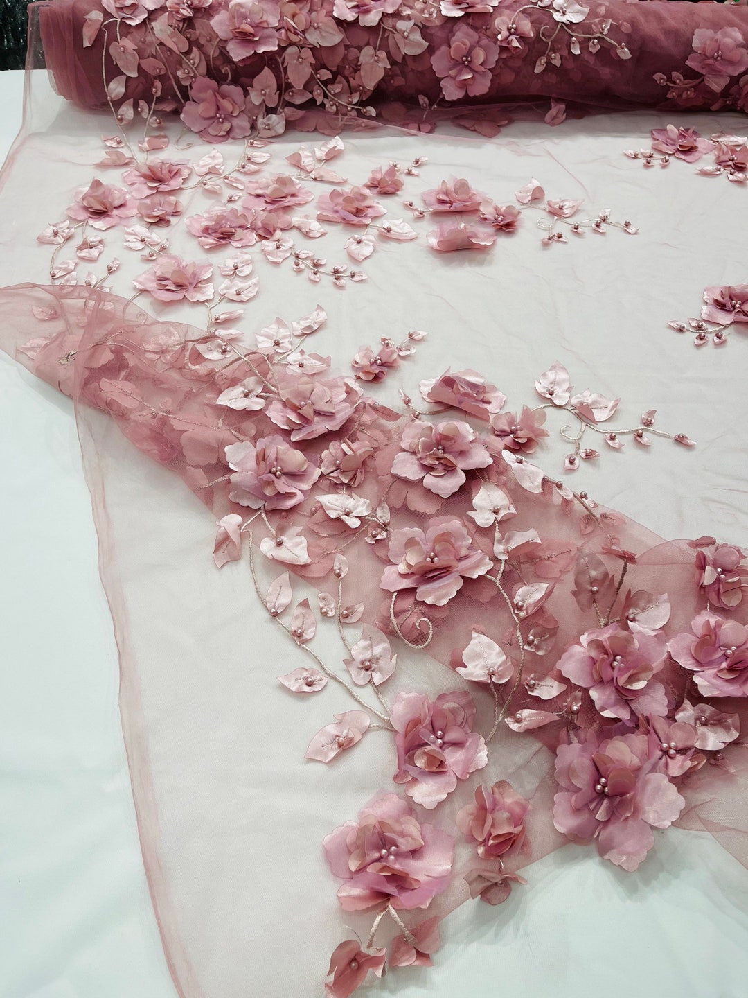 Dusty Rose Orquidia 3D Floral Embroidered Mesh Lace Fabric With Pearls ...