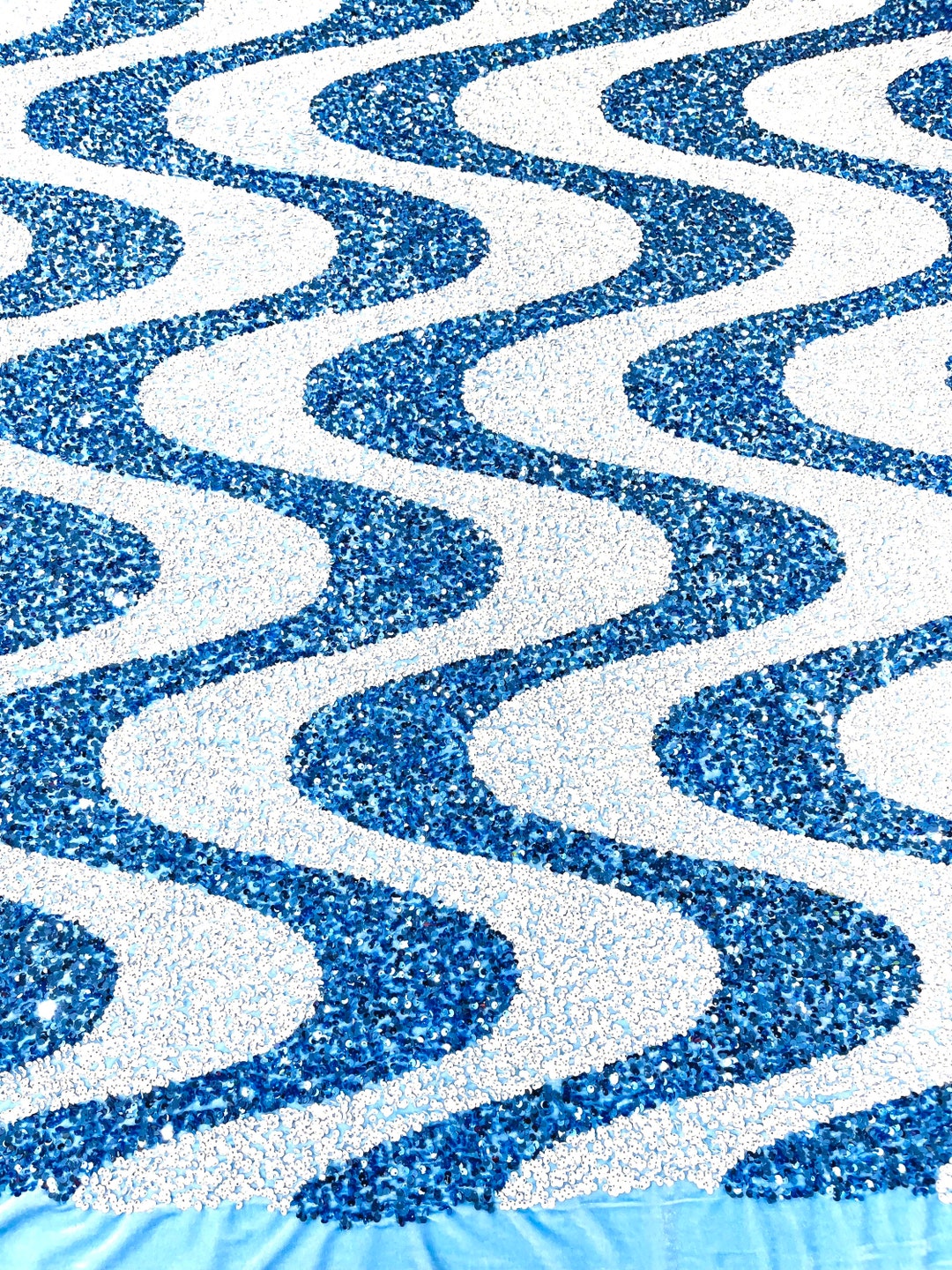 White/light Blue Sequin Wave Design on Light Blue Stretch Velvet All ...