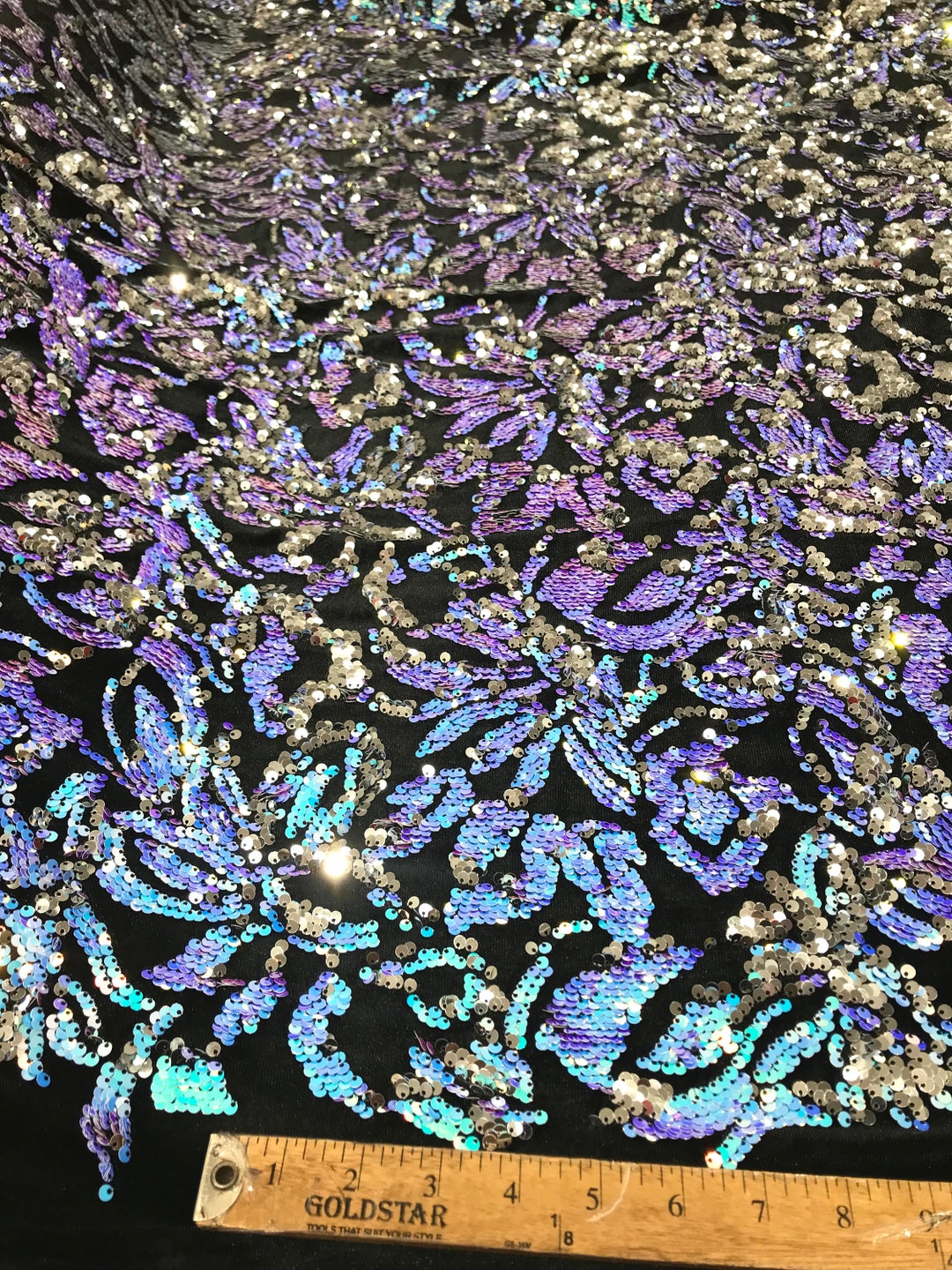 Aqua Blue Iridescent, Silver Sequins Flip Two Tone Floral Design on a ...