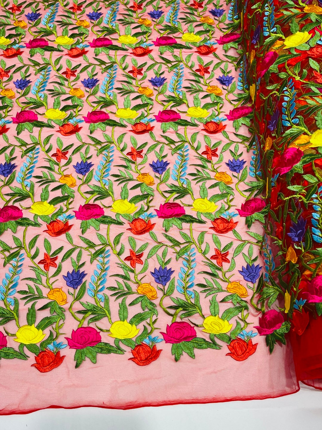 Maria Multi Color Mexican Sarape Floral Design Embroider on a Red Mesh ...