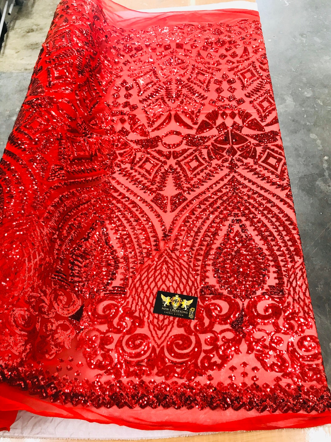 New Red Shiny Diamond Design With Sequins on a 4 Way Stretch Mesh-prom ...
