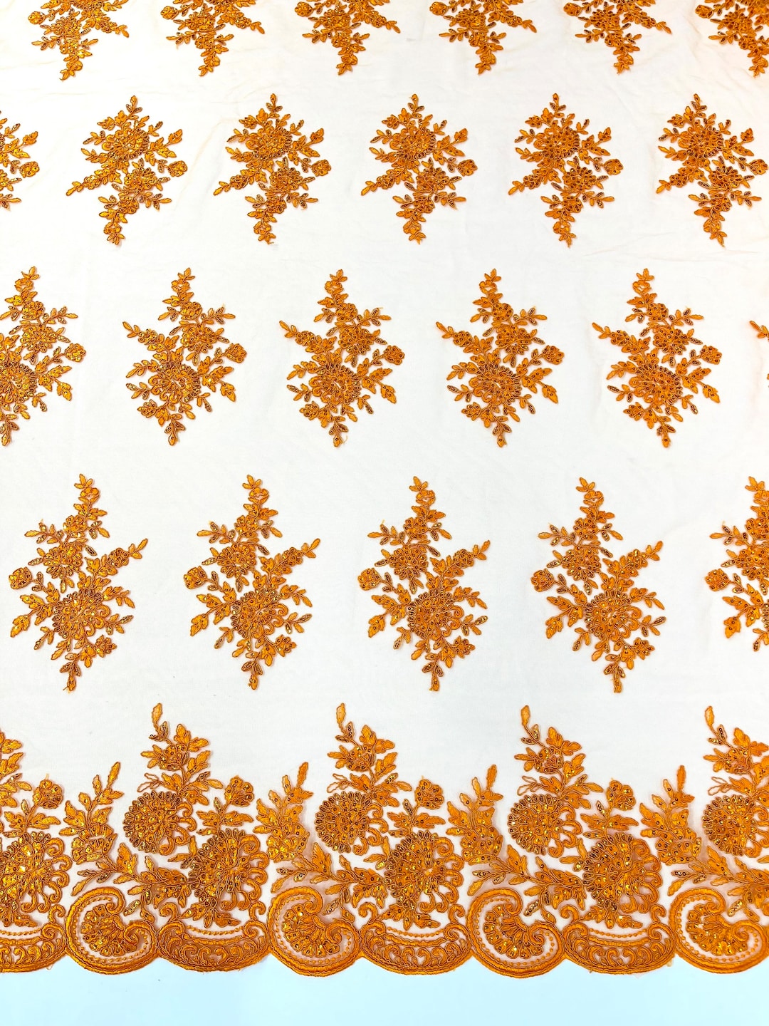 Orange Floral Corded Embroider With Sequins on a Mesh Lace Fabric-prom ...