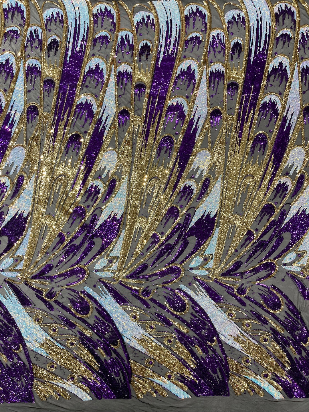 Purple/gold/aqua Iridescent Feather Sequin Design on a Black 4 Way ...