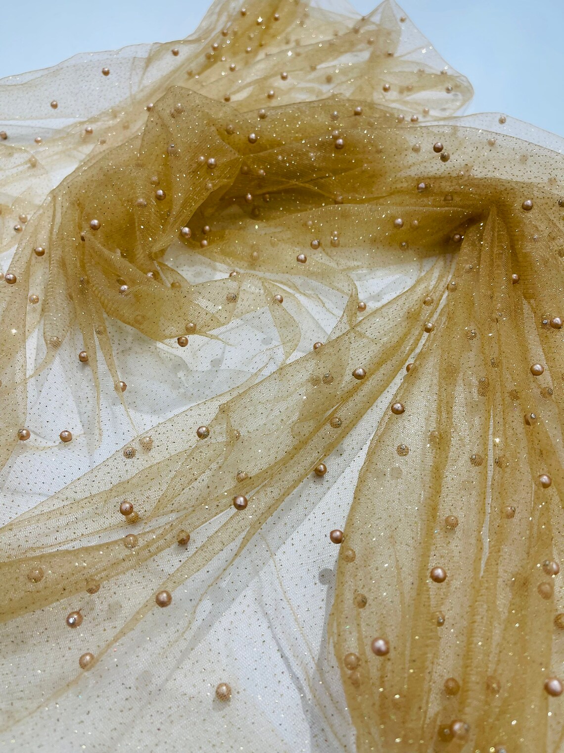 Dark Gold Scattered Pearls Studded With Glitter Mesh 2-way | Etsy