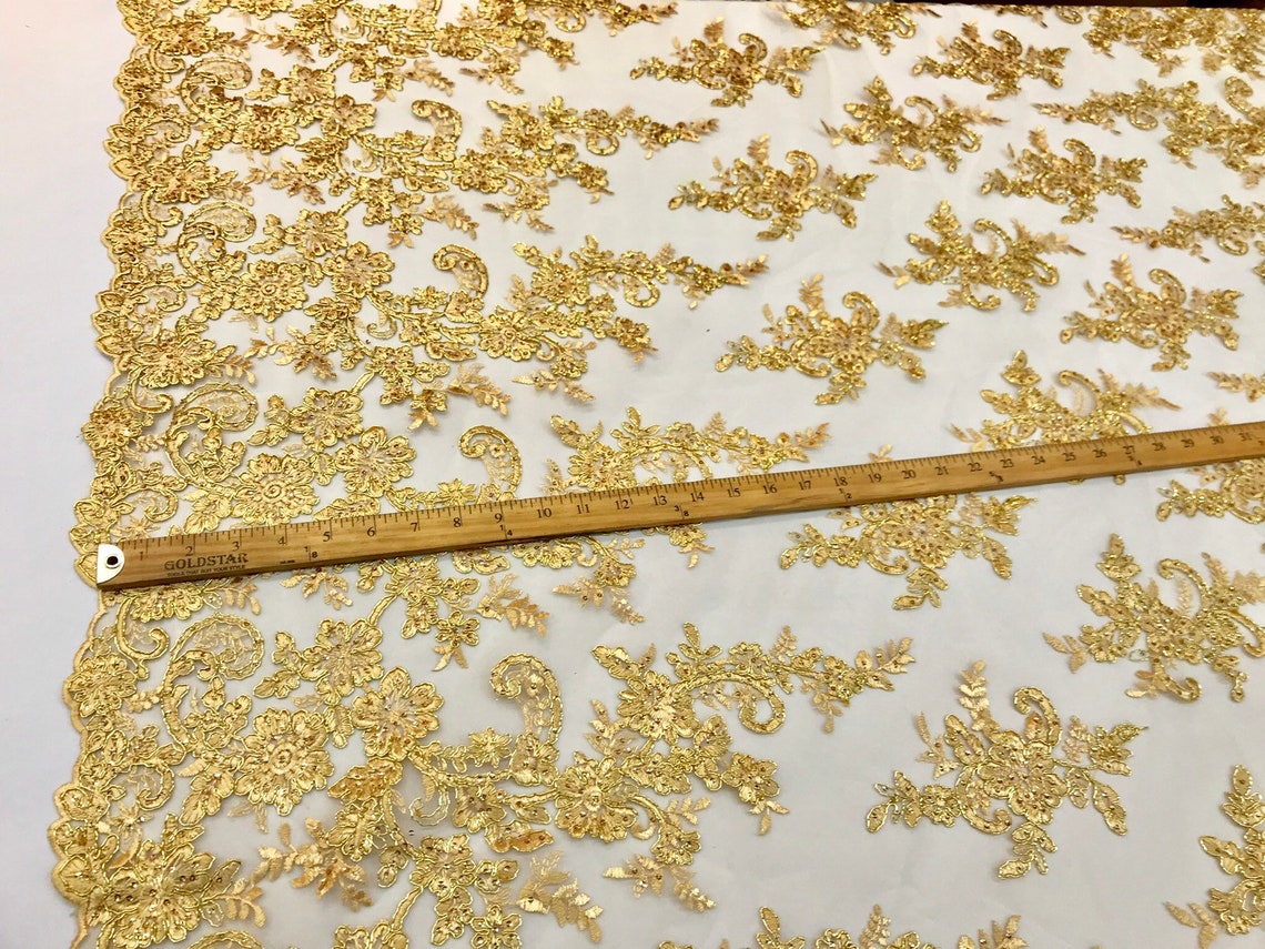 Metallic gold floral design embroidery on a mesh lace with | Etsy