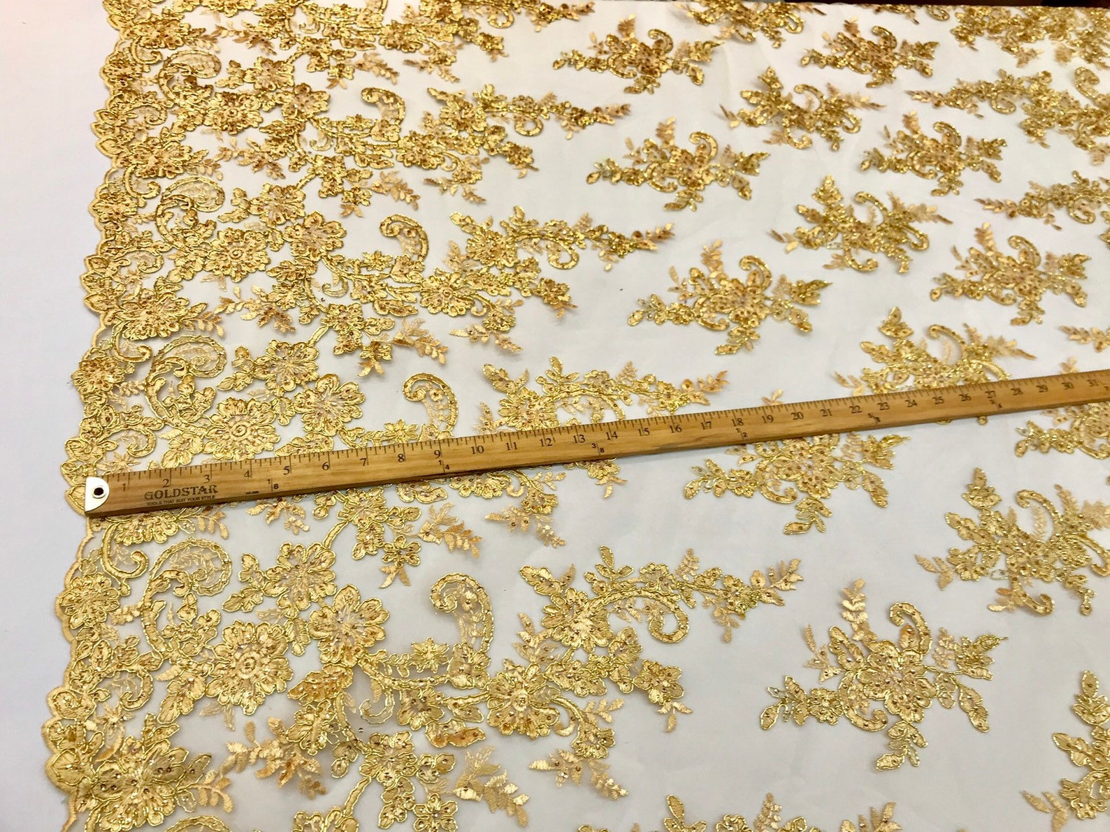 Metallic gold floral design embroidery on a mesh lace with | Etsy