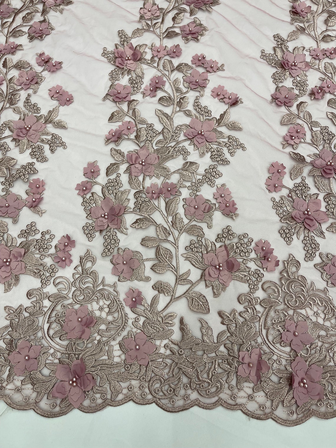 Dusty Rose Princess 3D Floral Embroidered Mesh Lace With Pearls| 54 ...