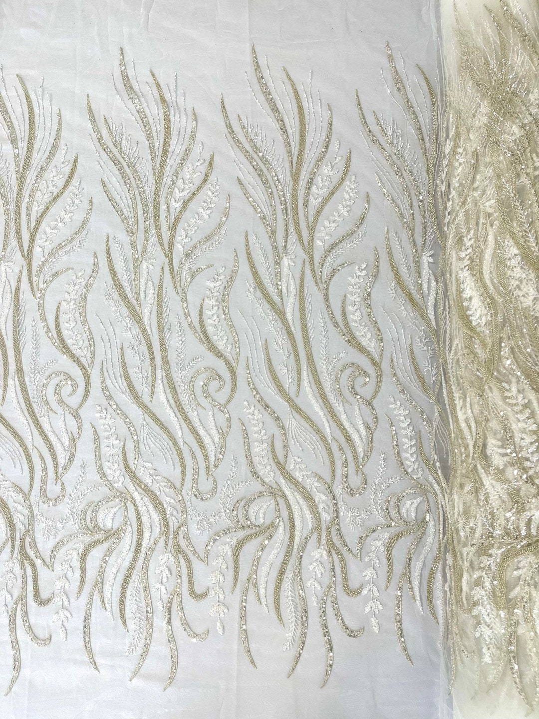 Ivory Feather Damask Embroider With Sequins and Clear Heavy Beaded on a ...
