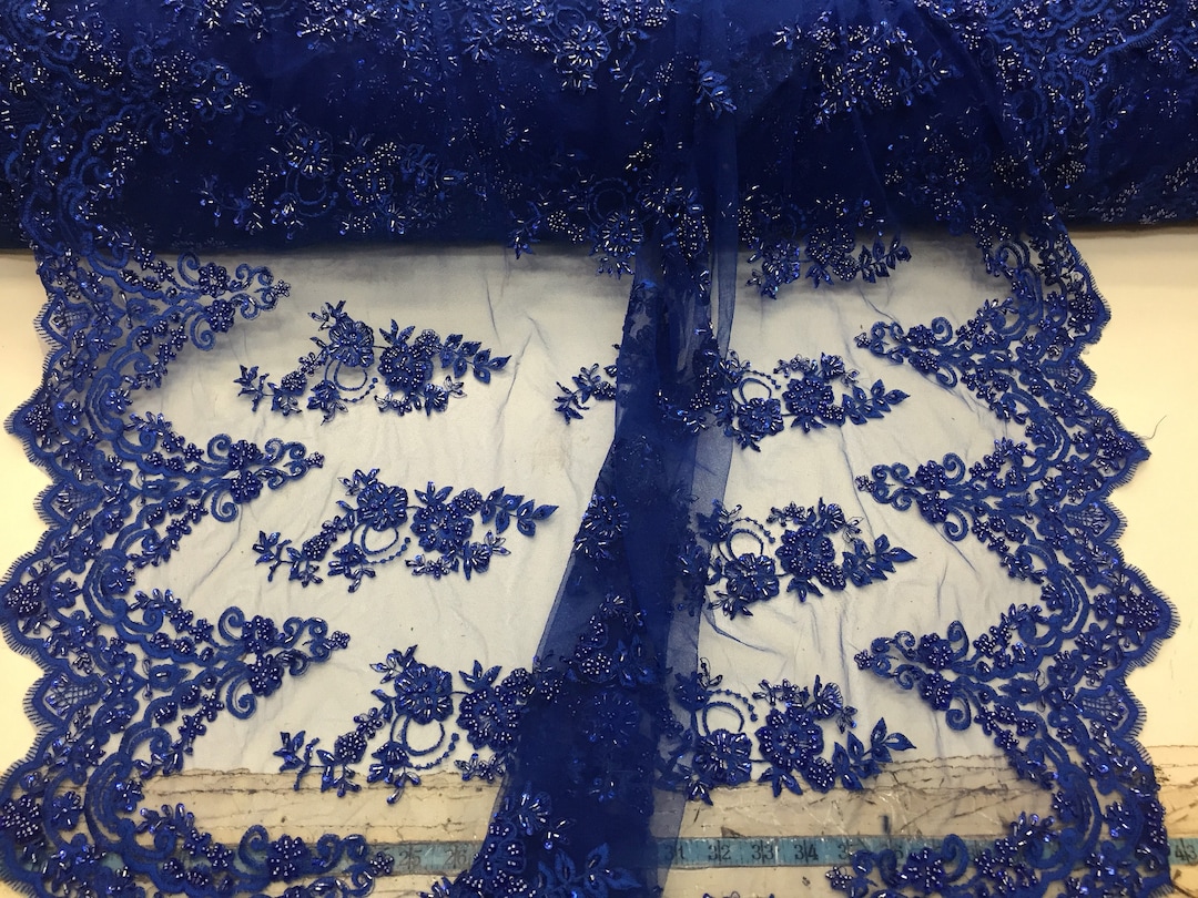 Elegant Royal Blue Hand Beaded Flower Design Embroider on a Mesh Lace ...