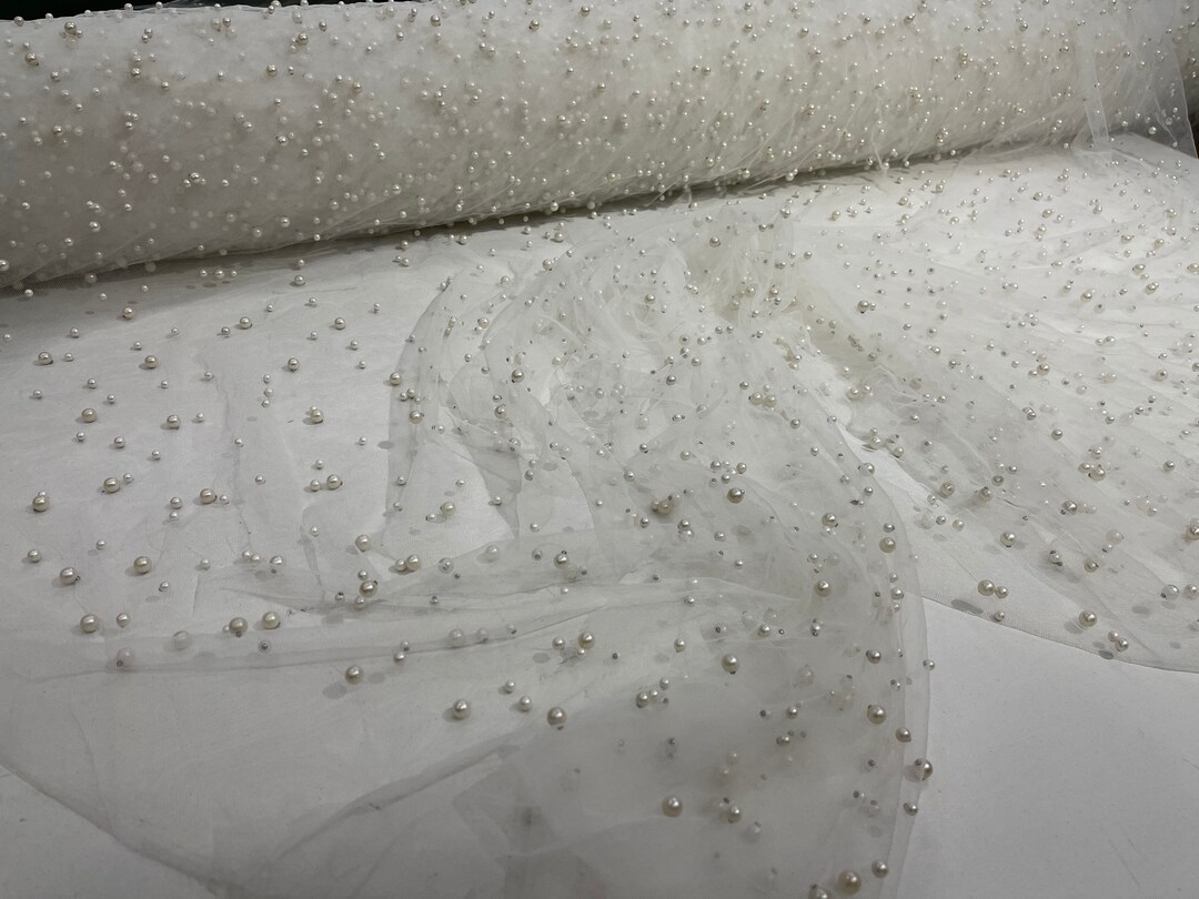 Ivory Heavy Scattered Pearls Studded Mesh, 2-way Stretch, Sold by the ...