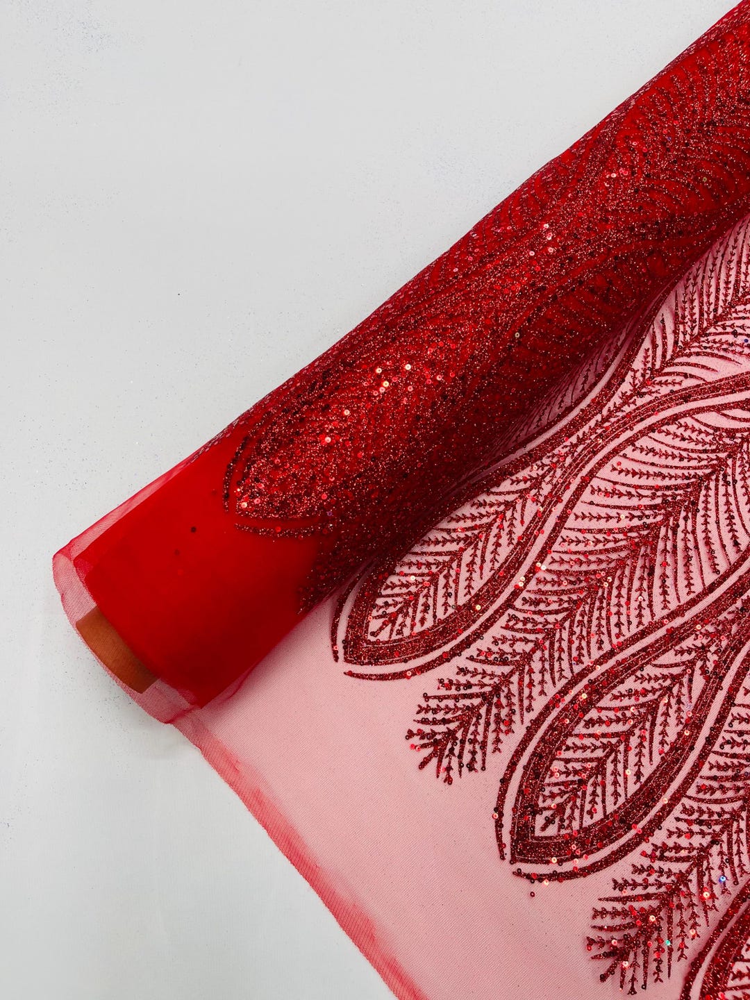 Red Glitter Feather Damask Design on A Mesh Lace Fabric/prom. - Etsy