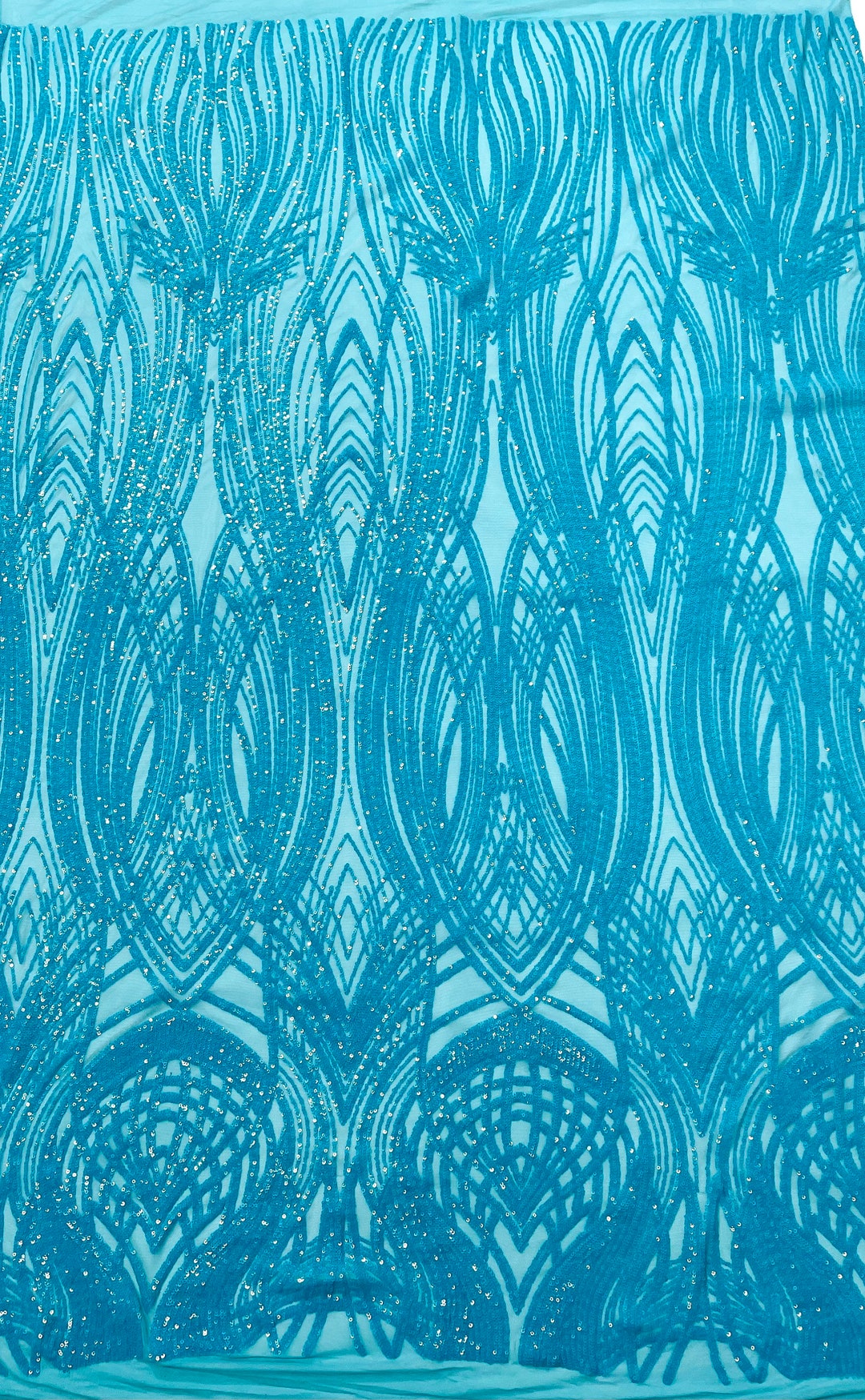 Turquoise Feather Damask Glossy Sequin Design on a 4 Way Stretch Mesh ...