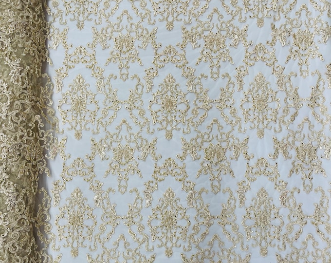 Helena TAUPE Embroidered Damask Pattern With Faux Pearls and Beads on ...