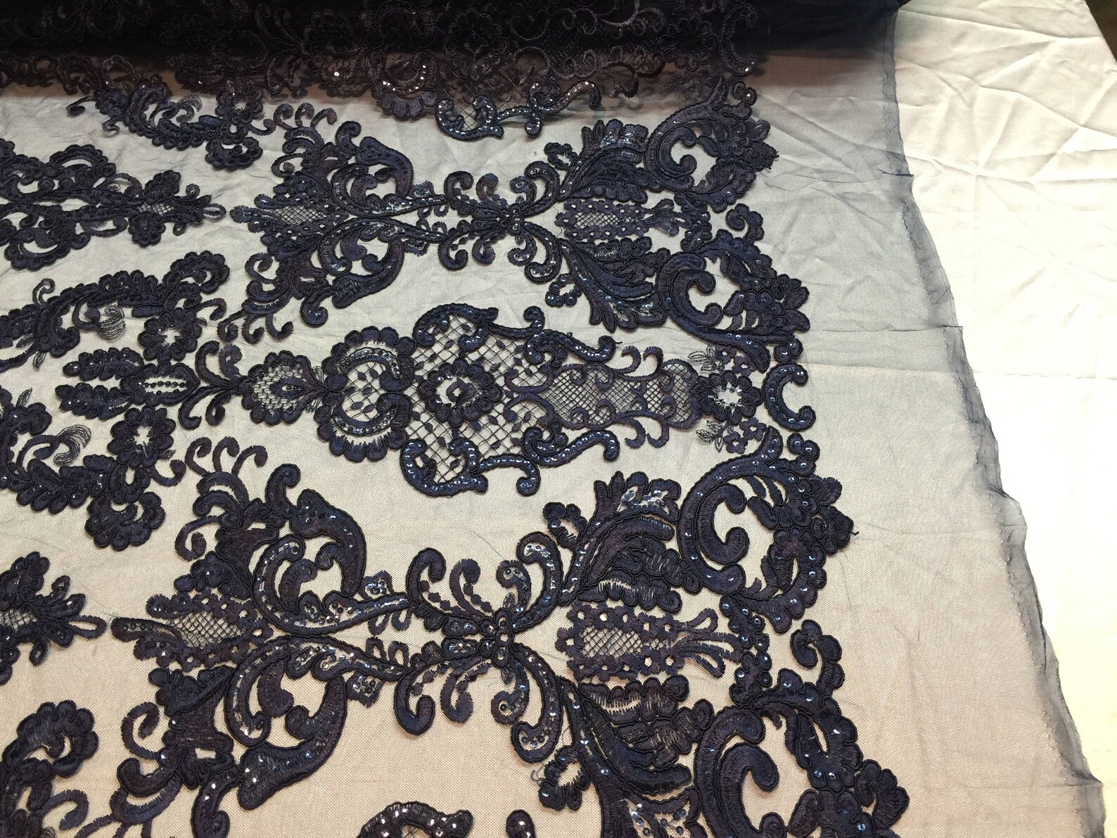 Navy Blue Damask Pattern Embroidery With Shiny Sequins and Corded on a ...