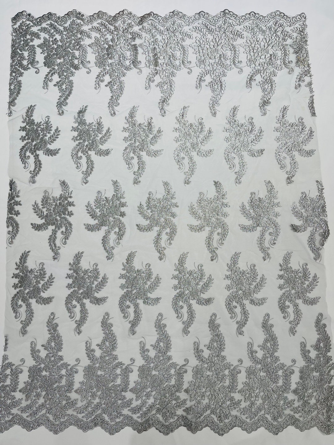 Metallic Silver Floral Corded Embroider on a Mesh Lace Fabric-prom-sold ...