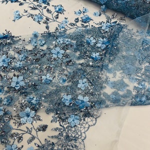 Light Blue 3d Princess Satin Flower Glitter Sequin Fabric/prom Fabric ...